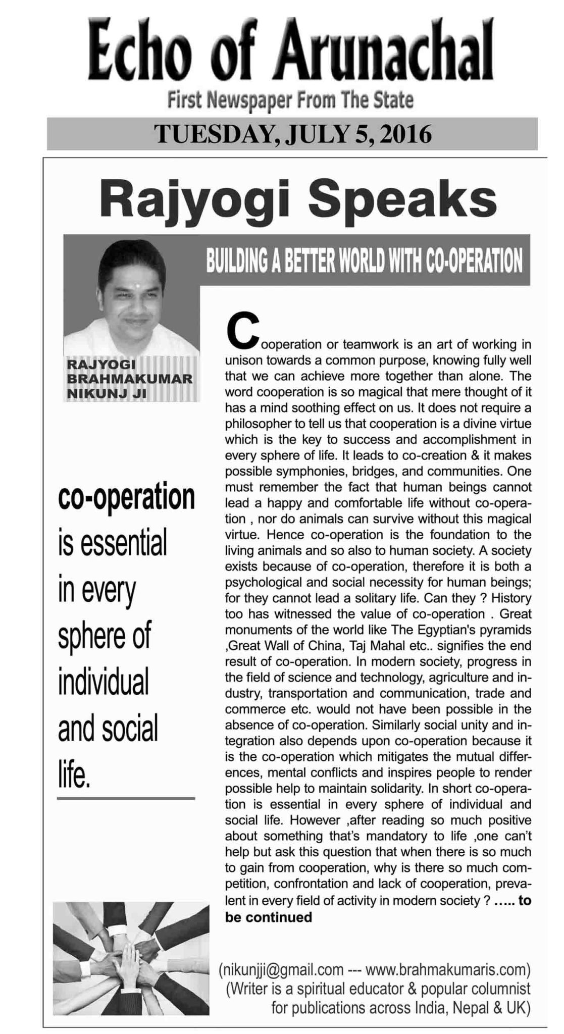 Building A better World With Co-operation-Echo of Arunachal – Rajyogi ...