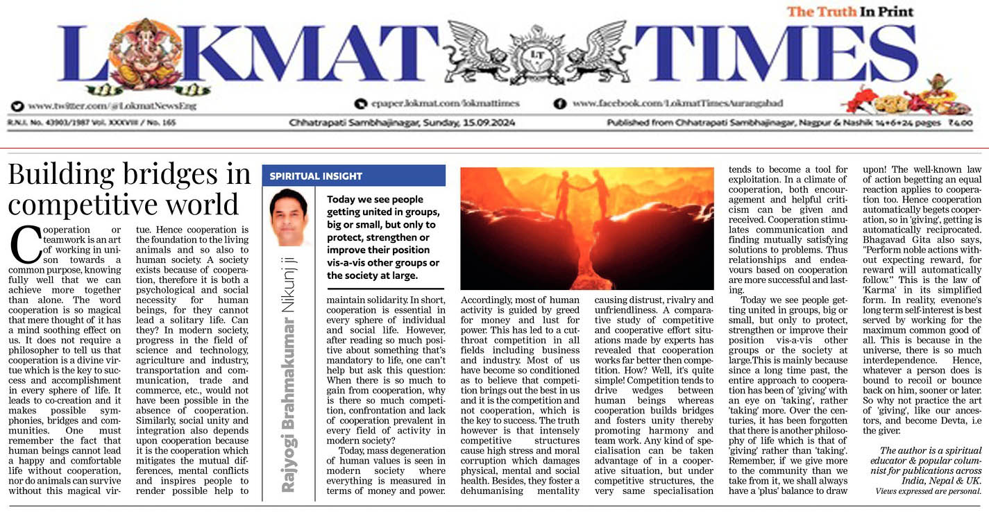 Building bridges in competitive world – Lokmat Times – Rajyogi Nikunj