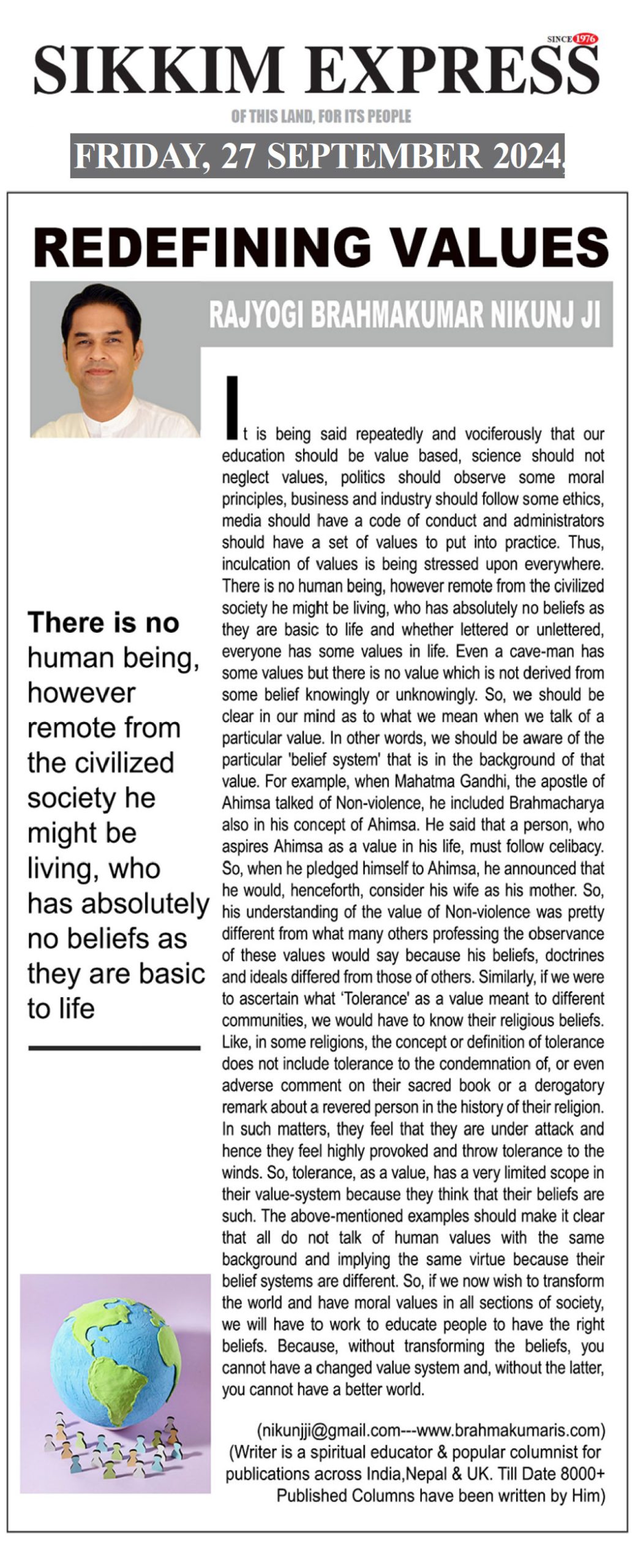 Redefining Values – Sikkim Express – Rajyogi Nikunj