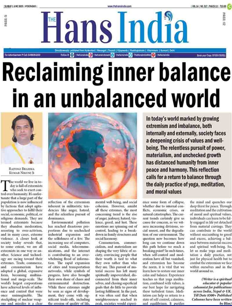 Reclaiming inner balance in an unbalanced world -Hans India – Rajyogi ...